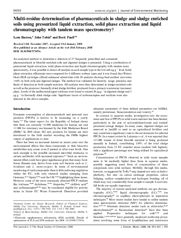(PDF) Multi-residue determination of pharmaceuticals in sludge and sludge enriched soils using ...