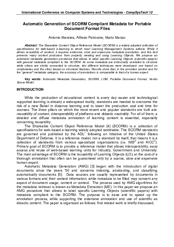 Automatic generation of SCORM compliant metadata for portable document format files