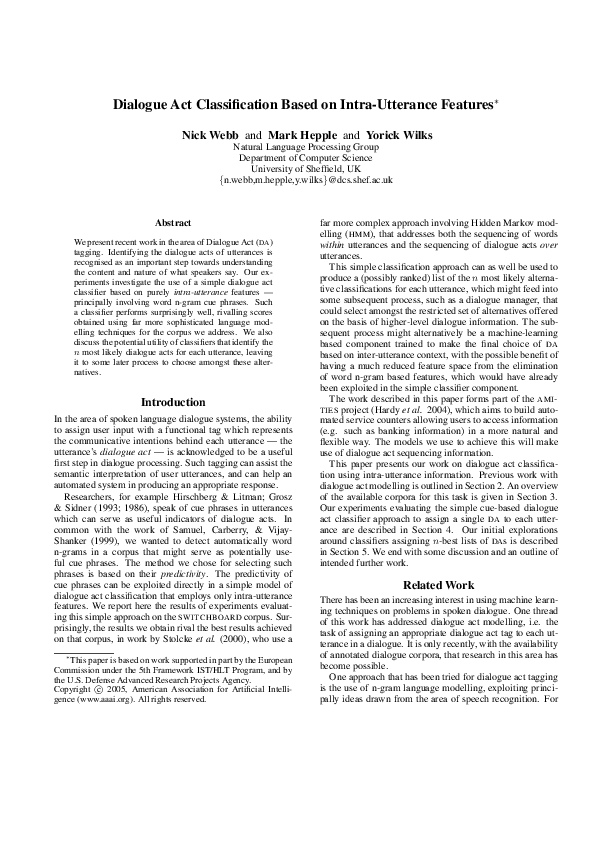 Pdf Dialogue Act Classification Based On Intra Utterance Features 