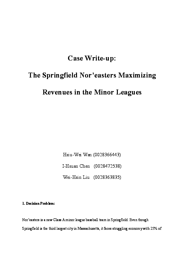 (DOC) Case Write-up: The Springfield Nor'easters Maximizing Revenues in the Minor Leagues