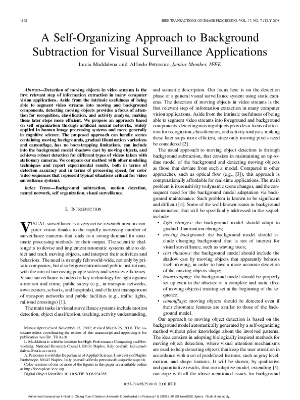 Pdf A Self Organizing Approach To Background Subtraction For Visual Surveillance Applications