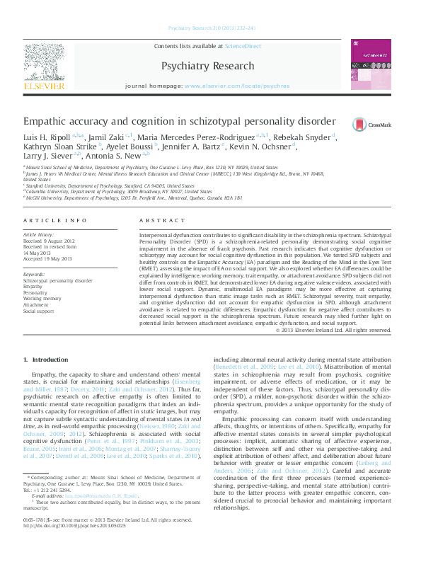 (PDF) Empathic accuracy and cognition in schizotypal personality disorder