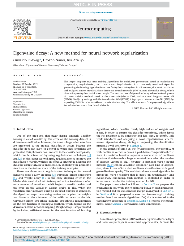 (PDF) Eigenvalue decay: A new method for neural network regularization