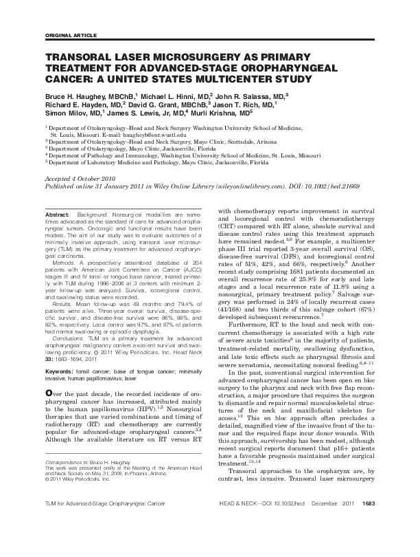 (PDF) Transoral laser microsurgery as primary treatment for advanced ...