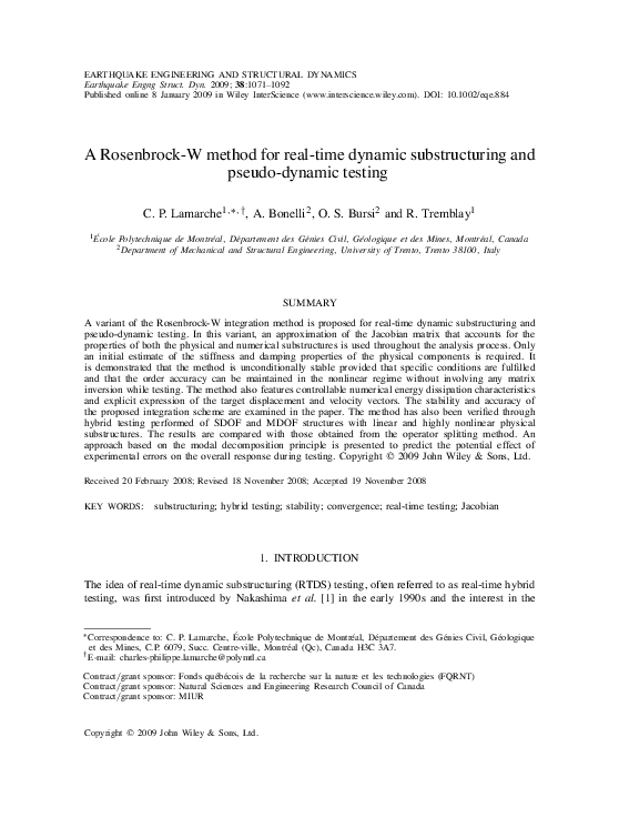 Pdf A Rosenbrock W Method For Real Time Dynamic Substructuring And Pseudo Dynamic Testing