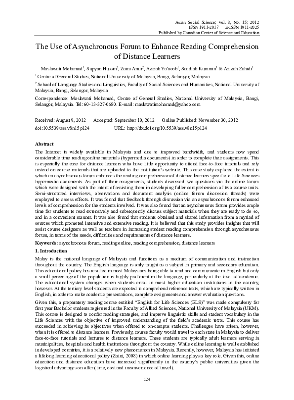 (PDF) The Use of Asynchronous Forum to Enhance Reading Comprehension of ...