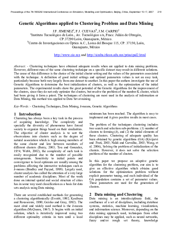 (PDF) Genetic algorithms applied to clustering problem and data mining