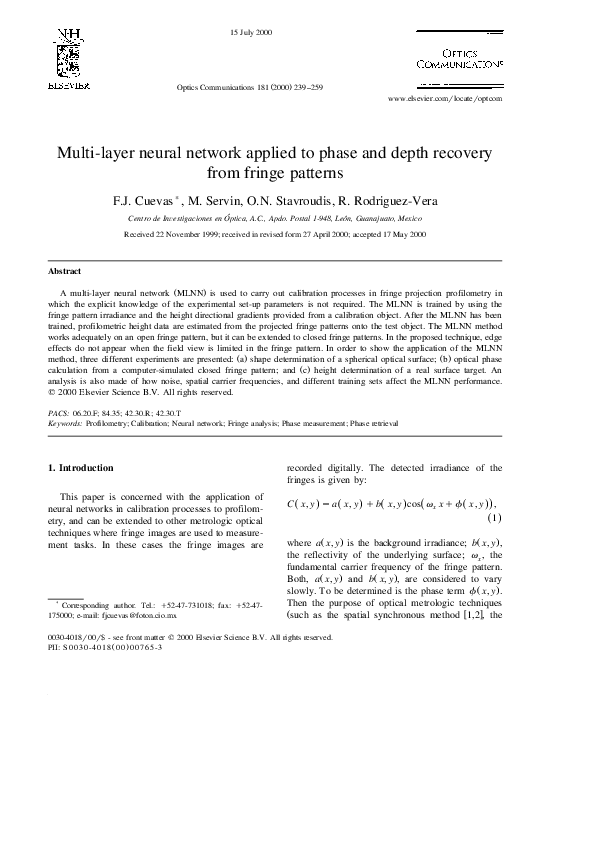 Pdf Multi Layer Neural Network Applied To Phase And Depth Recovery From Fringe Patterns