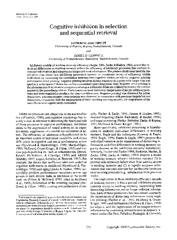 (PDF) Cognitive inhibition in selection and sequential retrieval