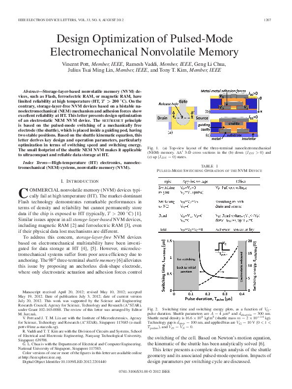 (PDF) Design Optimization of Pulsed-Mode Electromechanical Nonvolatile Memory
