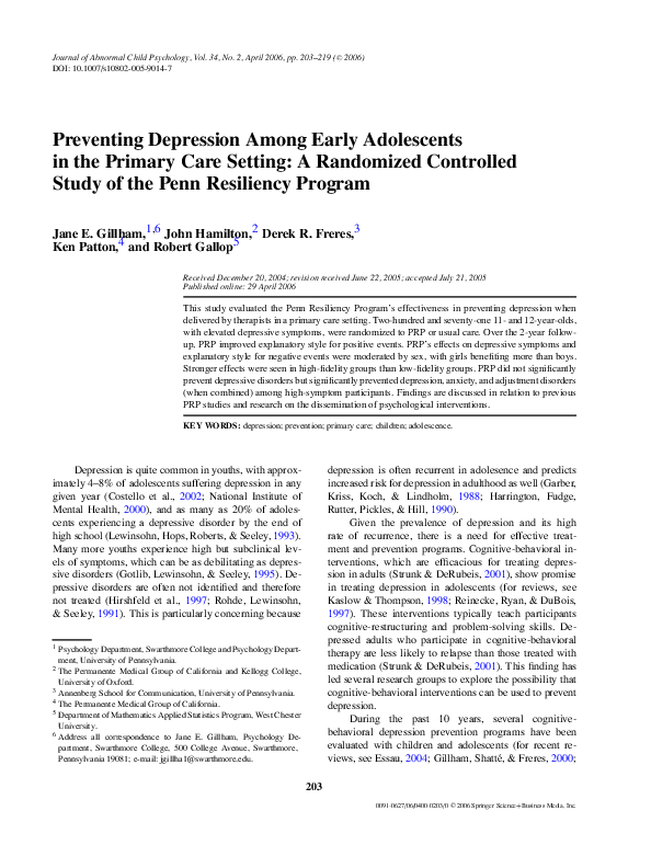 (PDF) Preventing Depression Among Early Adolescents in the Primary Care ...