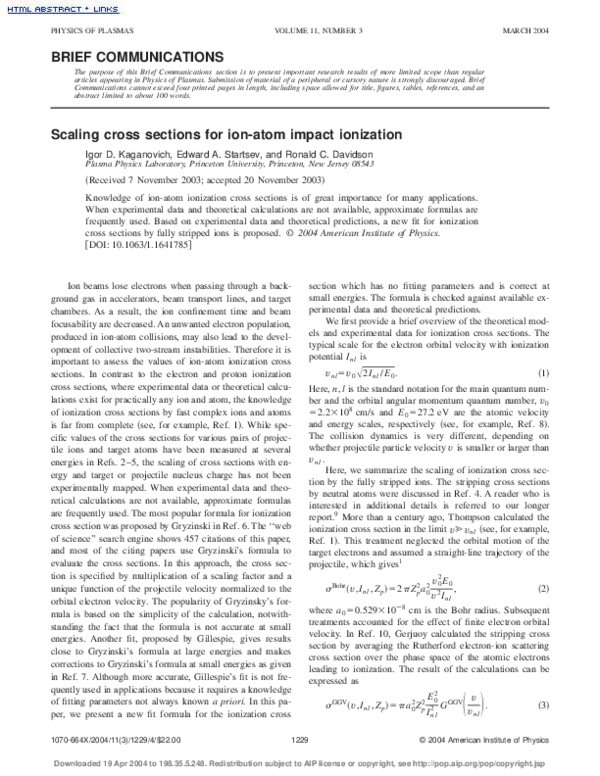 Pdf Scaling Cross Sections For Ion Atom Impact Ionization
