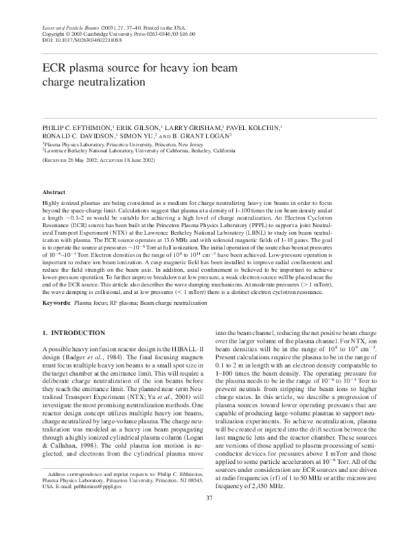 (PDF) ECR plasma source for heavy ion beam charge neutralization