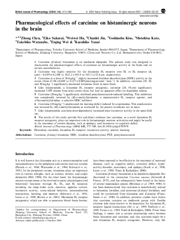 (PDF) Pharmacological effects of carcinine on histaminergic neurons in ...
