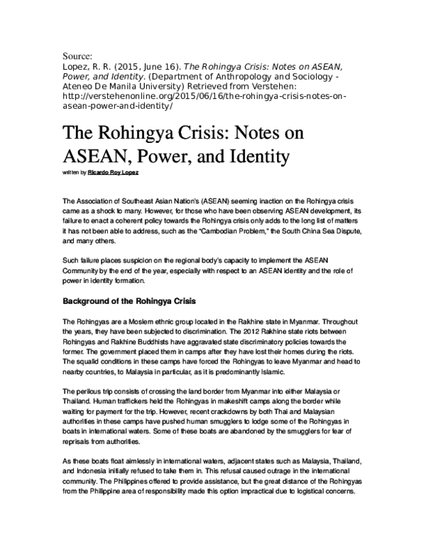 (DOC) The Rohingya Crisis: Notes on ASEAN, Power, and Identity