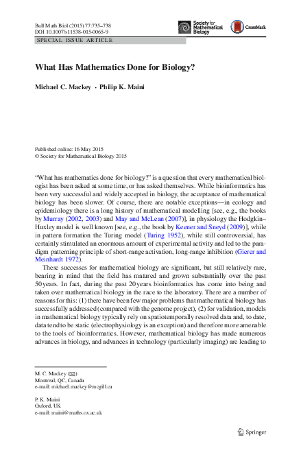 (PDF) What Has Mathematics Done for Biology?