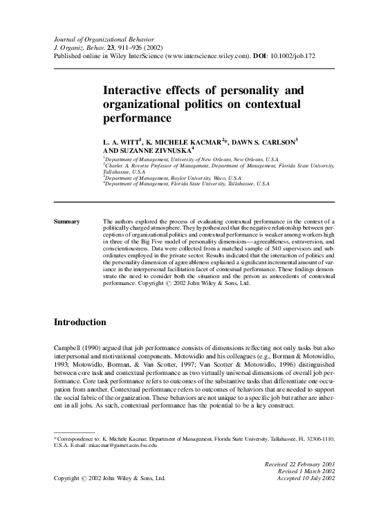 (PDF) Interactive effects of personality and organizational politics on contextual performance