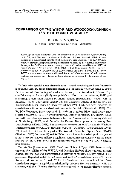 (PDF) Comparison of the WISC-R and Woodcock-Johnson tests of cognitive ...