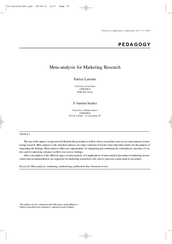 (PDF) Meta-analysis for marketing research