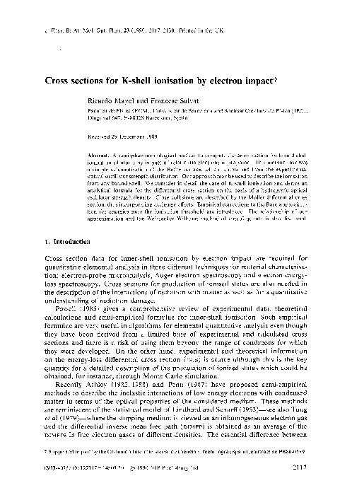 Pdf Cross Sections For K Shell Ionisation By Electron Impact
