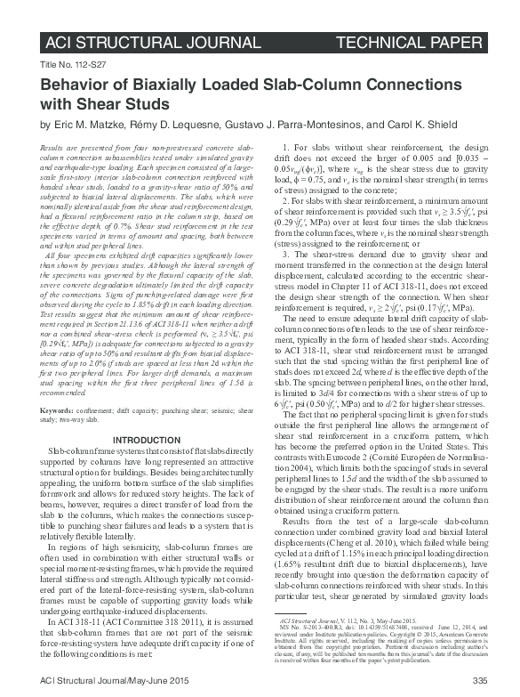 (PDF) Behavior of Biaxially Loaded Slab-Column Connections with Shear Studs
