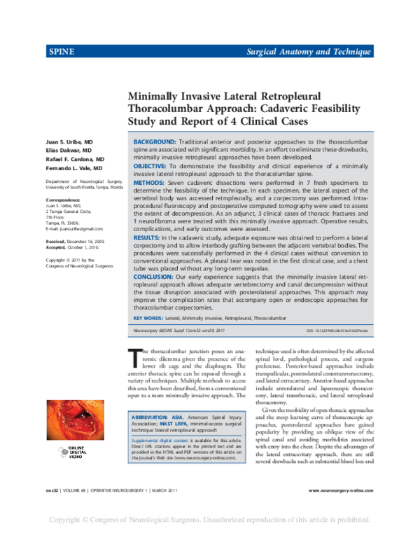 (PDF) Minimally Invasive Lateral Retropleural Thoracolumbar Approach ...
