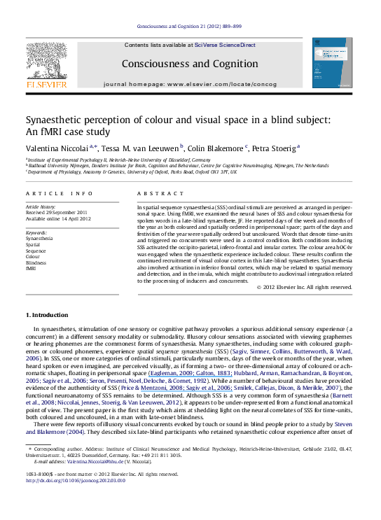 (PDF) Synaesthetic perception of colour and visual space in a blind ...