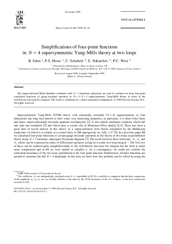 (PDF) Simplifications of four-point functions in N=4 supersymmetric Yang-Mills theory at two loops