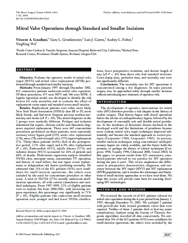 (PDF) Mitral Valve Operations through Standard and Smaller Incisions