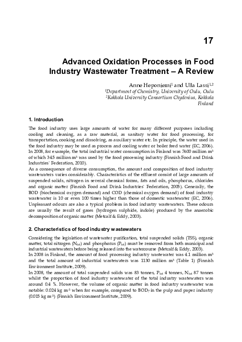 (PDF) Advanced Oxidation Processes in Food Industry Wastewater Treatment – A Review