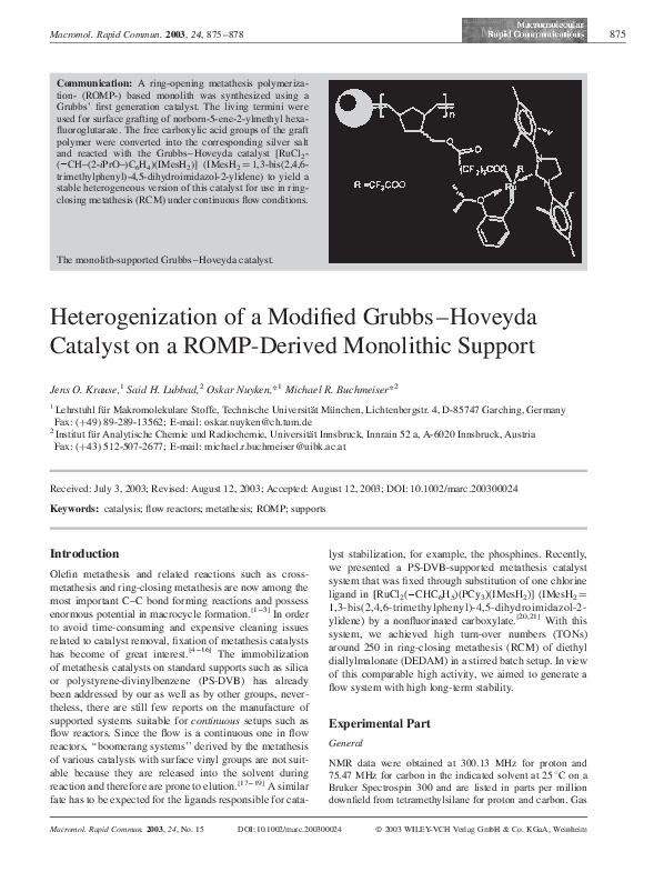 (PDF) Heterogenization of a Modified Grubbs–Hoveyda Catalyst on a ROMP ...