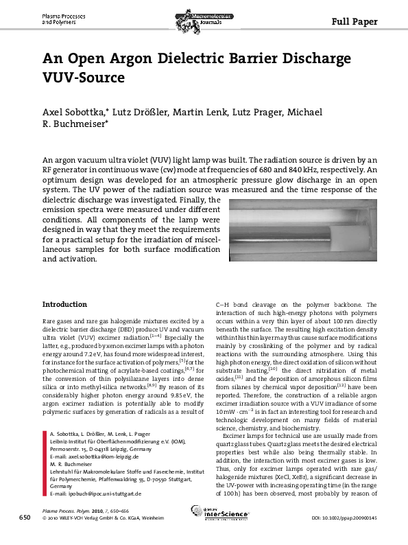 (PDF) An Open Argon Dielectric Barrier Discharge VUV-Source