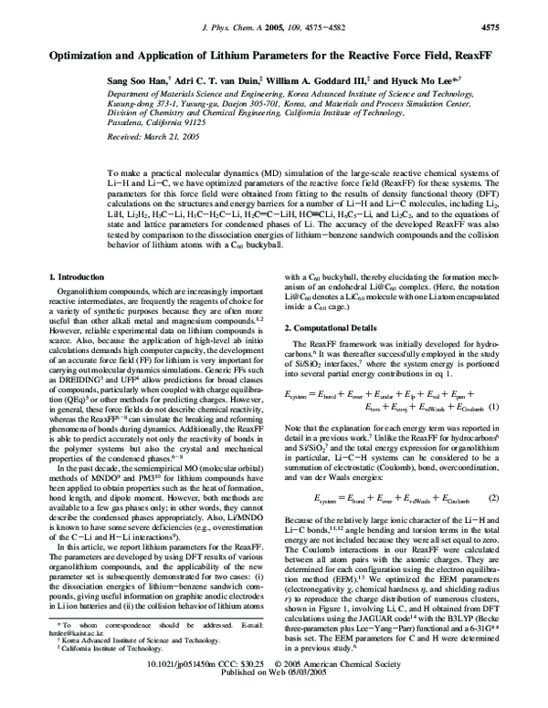 Pdf Optimization And Application Of Lithium Parameters For The Reactive Force Field Reaxff