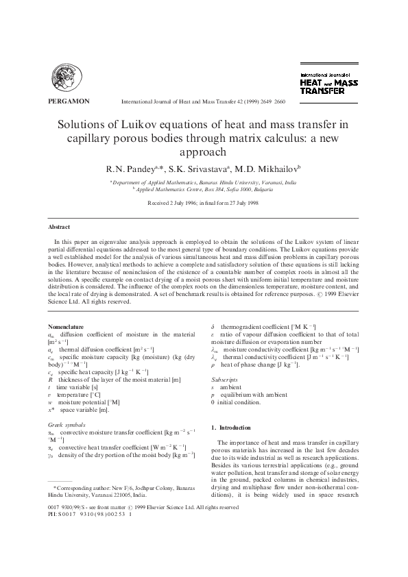 (PDF) Solutions of Luikov equations of heat and mass transfer in ...