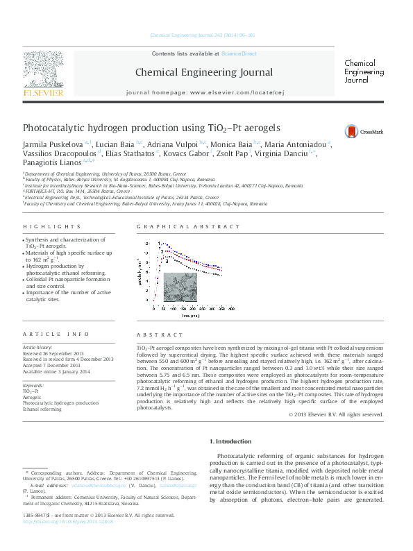 (PDF) Photocatalytic hydrogen production using TiO2–Pt aerogels