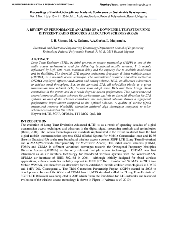 (PDF) A REVIEW OF PERFORMANCE ANALYSIS OF A DOWNLINK LTE SYSTEM USING ... (PDF) A REVIEW OF PERFORMANCE ANALYSIS OF A DOWNLINK LTE SYSTEM USING ...