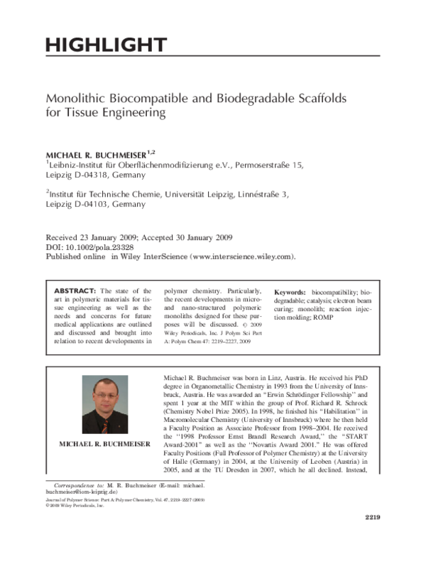 (PDF) Monolithic biocompatible and biodegradable scaffolds for tissue engineering