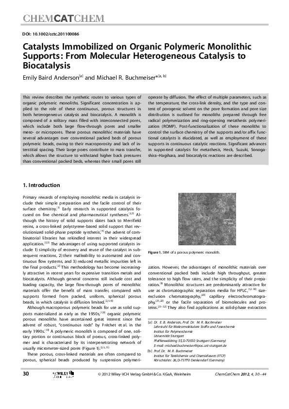 Pdf Catalysts Immobilized On Organic Polymeric Monolithic Supports From Molecular