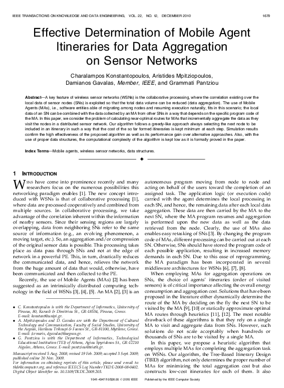(PDF) Effective determination of mobile agent itineraries for data aggregation on sensor networks