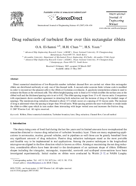 (PDF) Drag reduction of turbulent flow over thin rectangular riblets