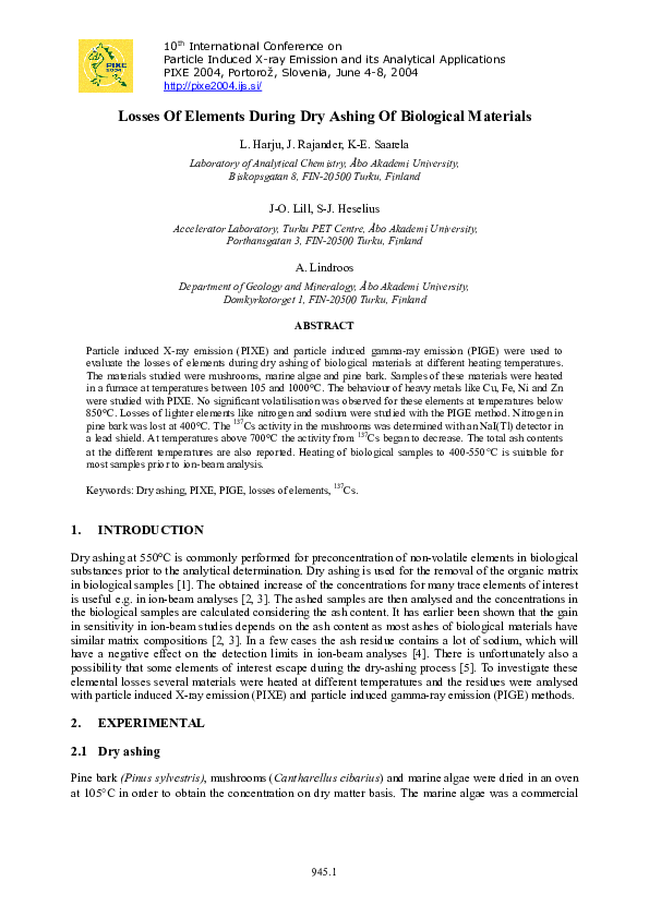 (PDF) Losses Of Elements During Dry Ashing Of Biological Materials