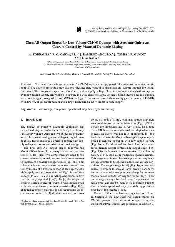 (PDF) Class AB Output Stages for Low Voltage CMOS Opamps with Accurate Quiescent Current Control ...