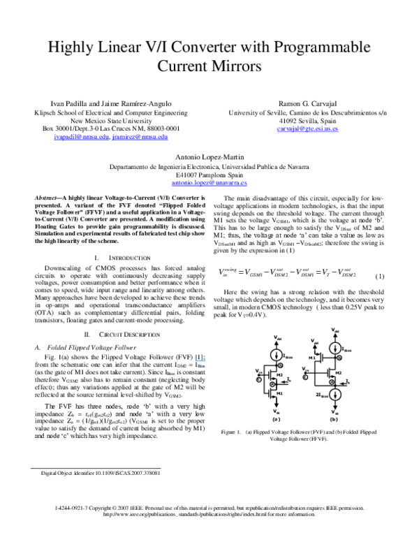 (PDF) Highly Linear V/I Converter with Programmable Current Mirrors