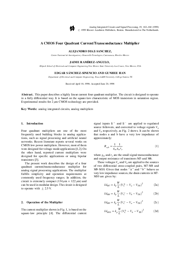 (PDF) A CMOS Four Quadrant Current/Transconductance Multiplier