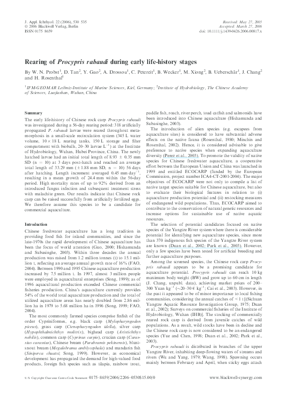 (PDF) Rearing of Procypris rabaudi during early life‐history stages