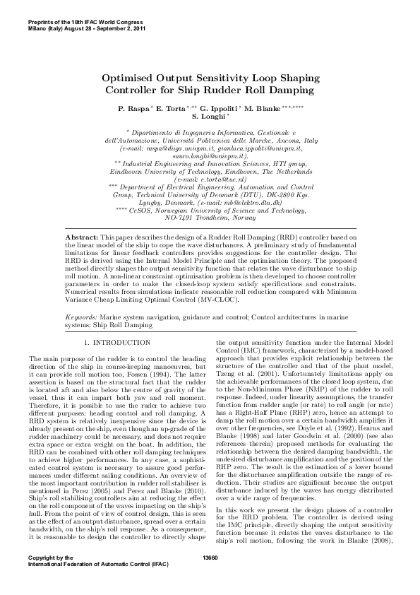 Pdf Optimised Output Sensitivity Loop Shaping Controller For Ship