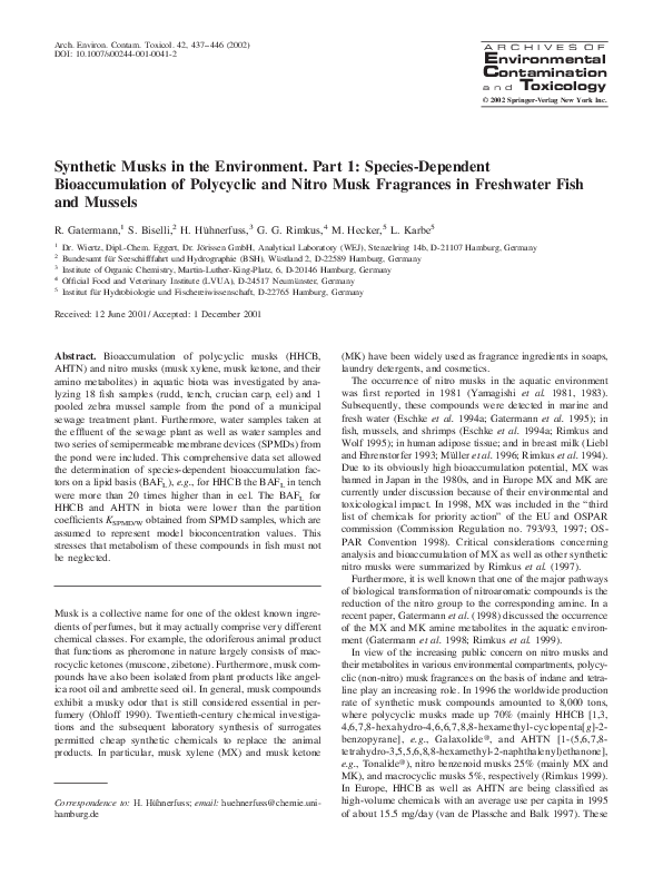 (PDF) Synthetic Musks in the Environment. Part 1: Species-Dependent ...