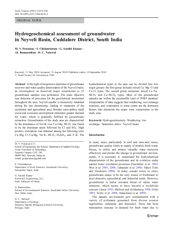 (PDF) Hydrogeochemical assessment of groundwater in Neyveli Basin, Cuddalore District, South India