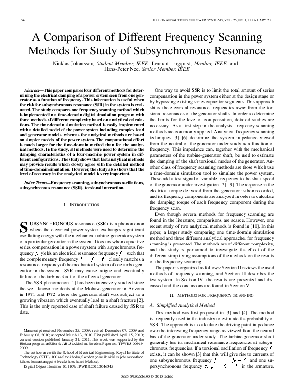 (PDF) A Comparison of Different Frequency Scanning Methods for Study of Subsynchronous Resonance