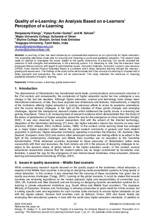 Pdf Quality Of E Learning An Analysis Based On E Learners